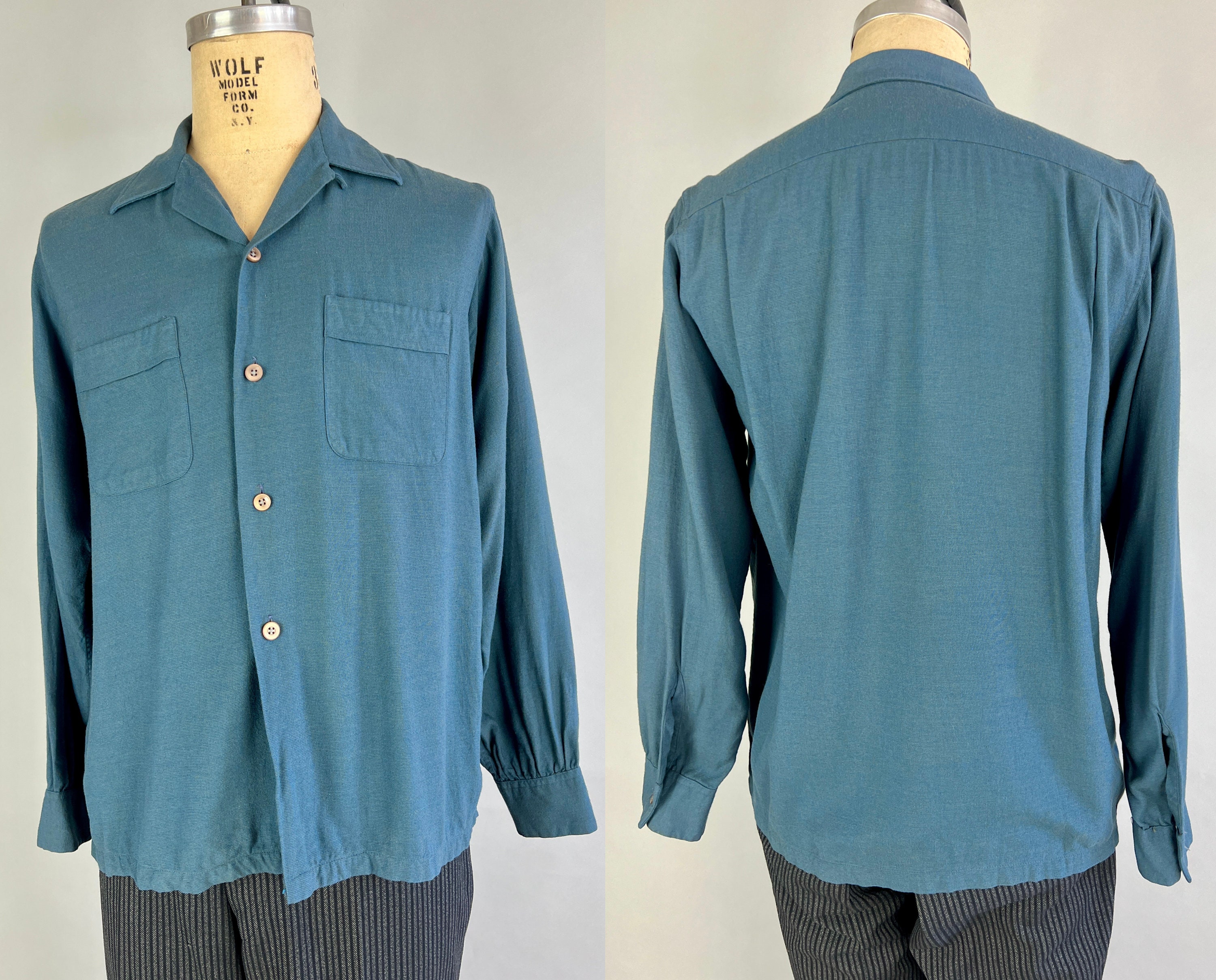 1950s Proud Lion Camp Shirt | Vintage 50s Steel Blue Top-Loop Waffle ...