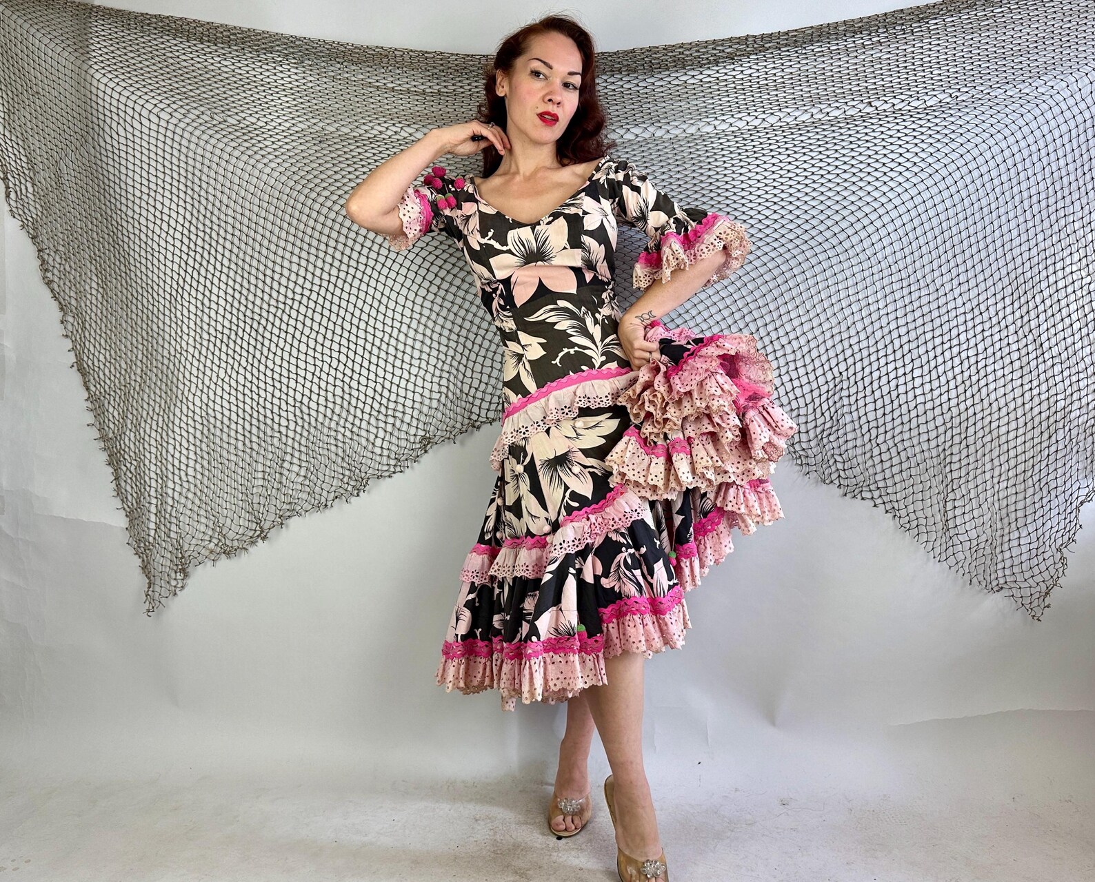 1940s Carmen's Chacha Costume | Vintage 40s Black & Pink Tropical ...