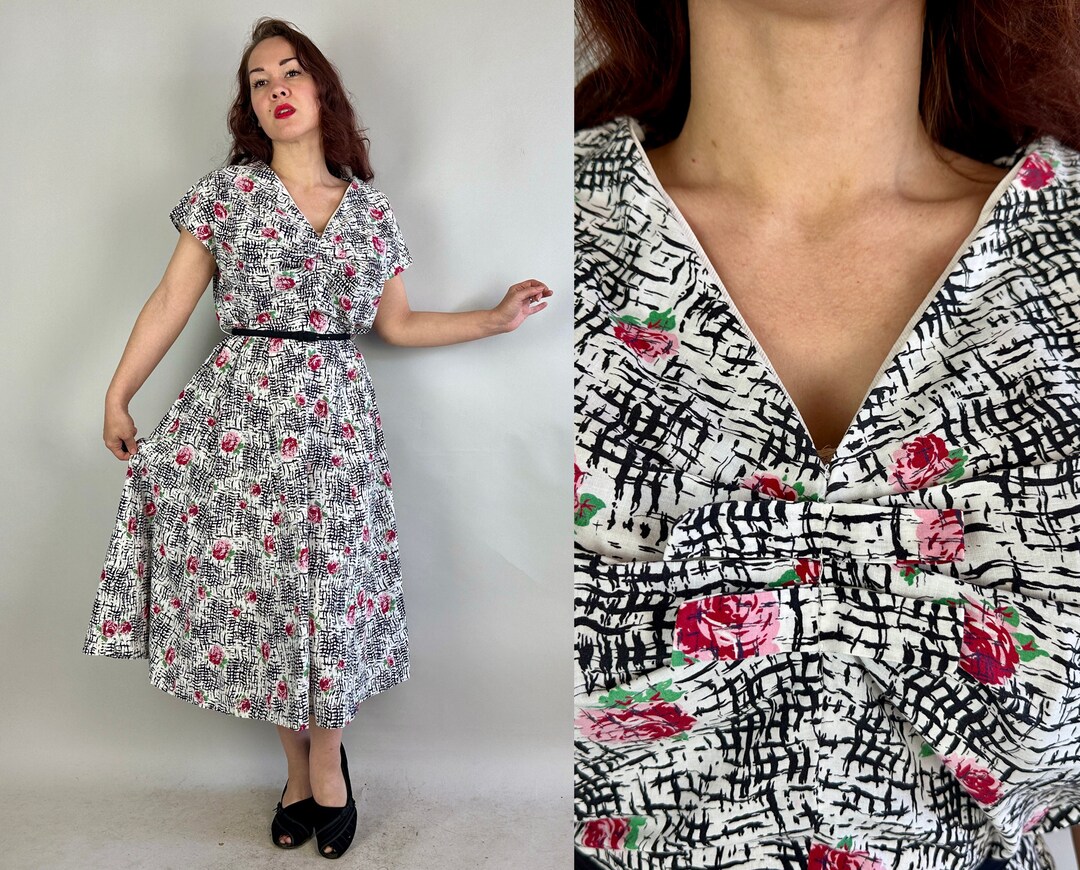 1940s Everything's Coming up Roses Dress | Vintage 40s White Cotton ...