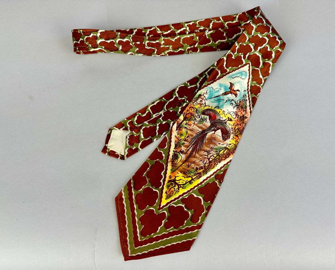 1940s Pheasant Fascination Necktie Vintage 40s Hand Painted Scenic ...