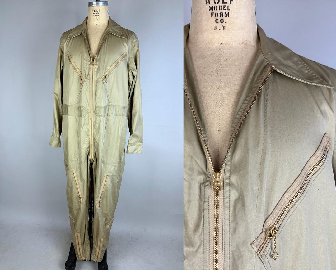 1930s Proud Pilot Jumpsuit | Vintage 30s Khaki Cotton Air Force Flight ...