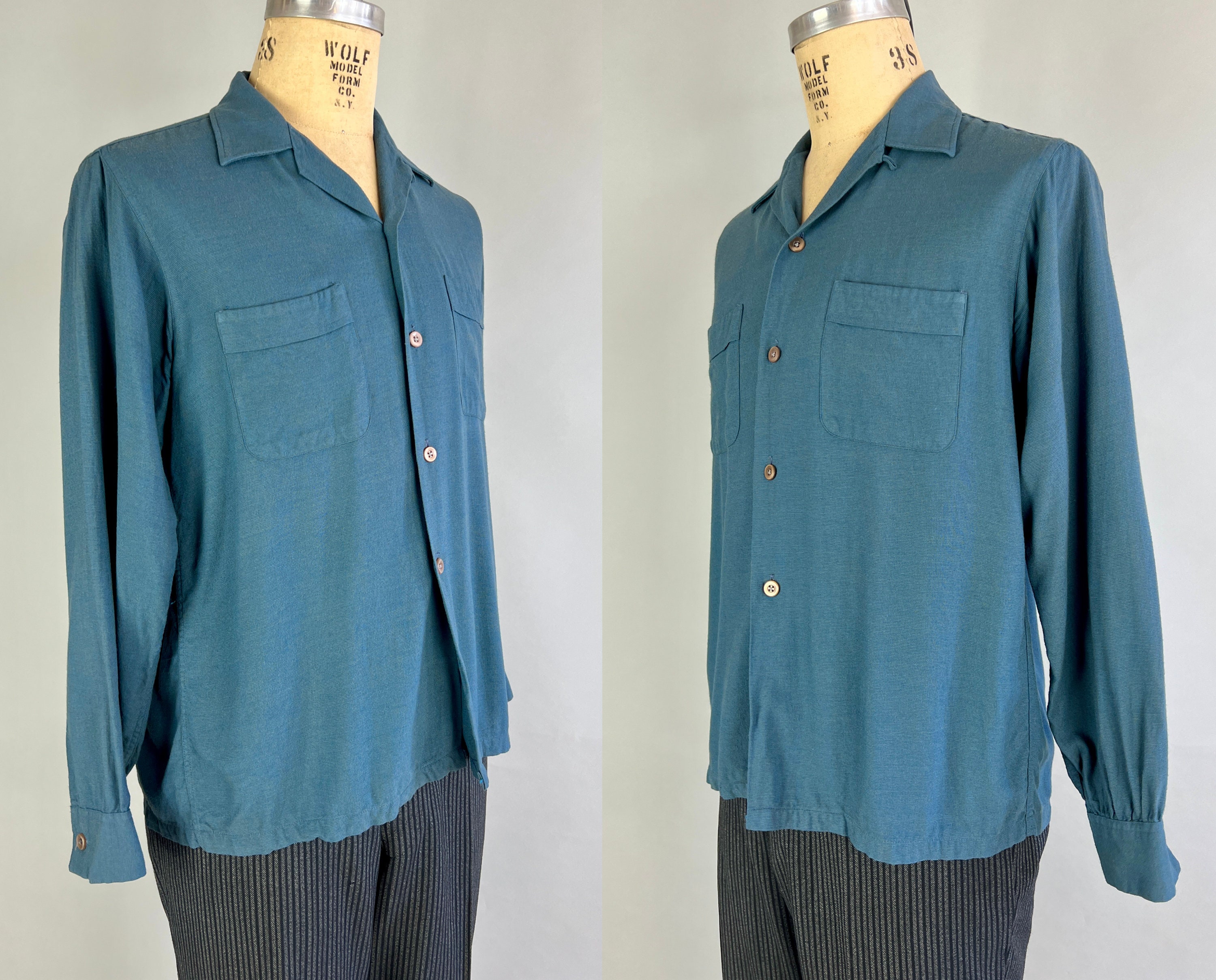 1950s Proud Lion Camp Shirt | Vintage 50s Steel Blue Top-Loop Waffle ...