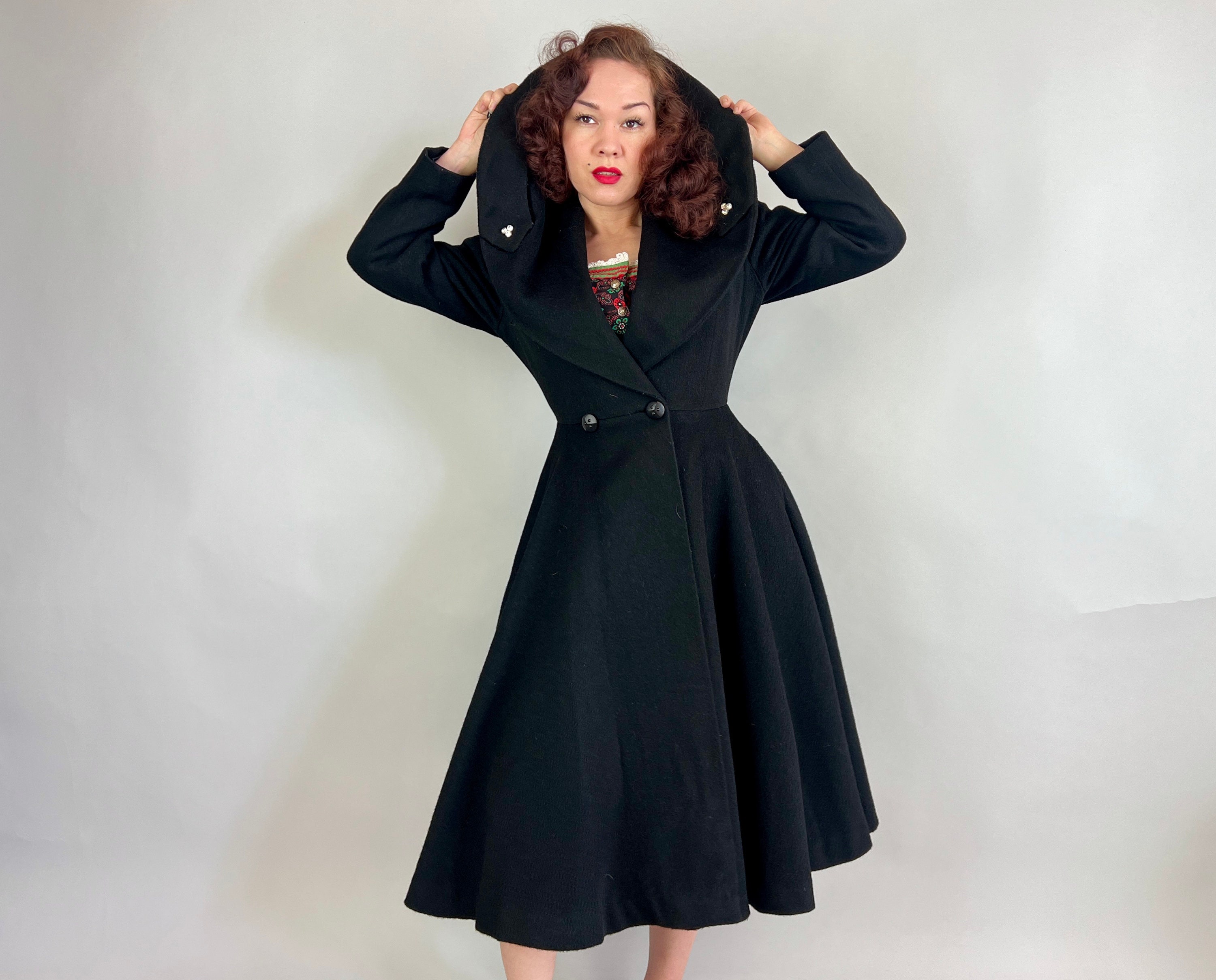 1950s Dovima's Divine New Look Coat | Vintage 50s Black Wool Princess Overcoat with Rhinestones ...