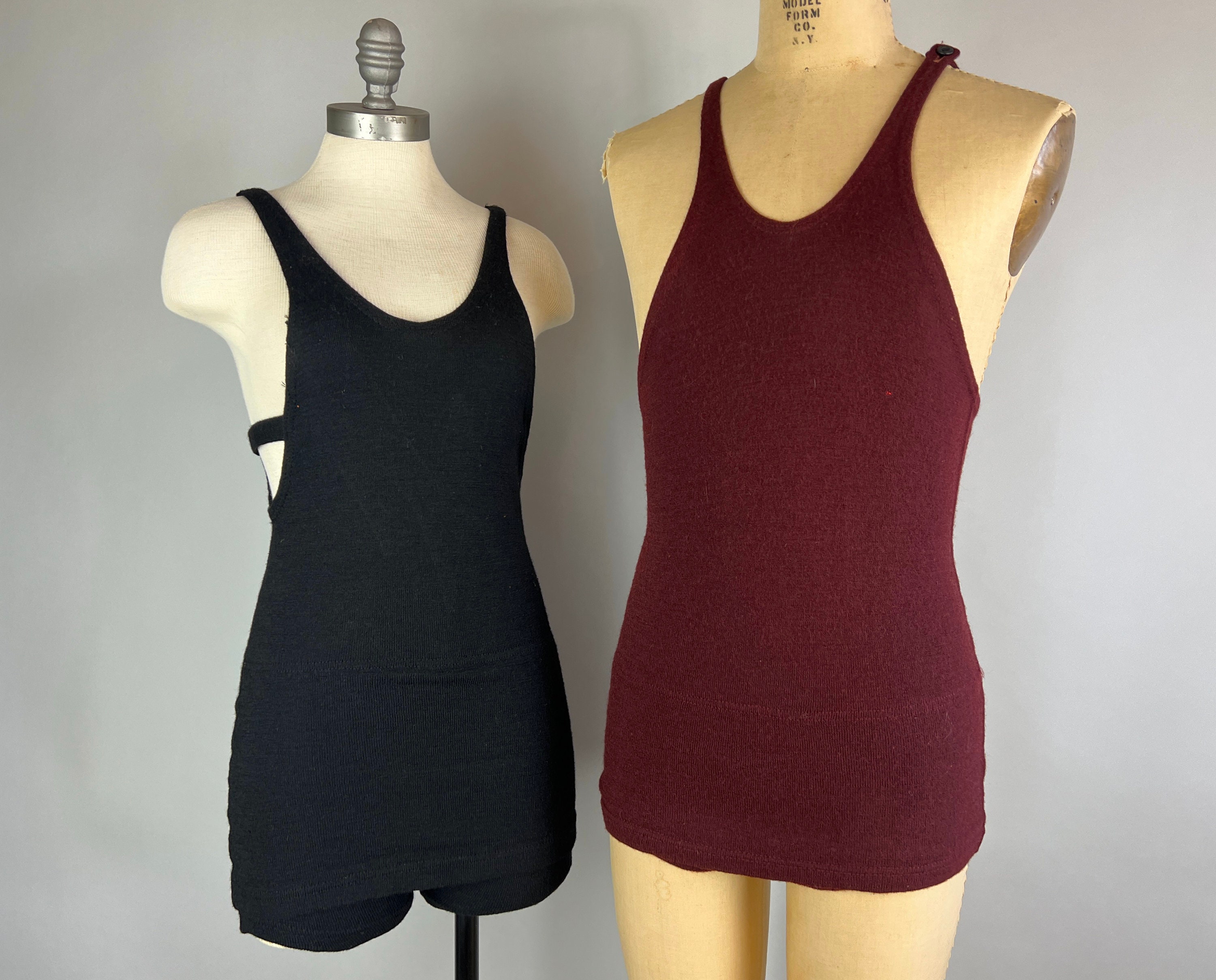 1920s Mad for Maroon Swimsuit | Vintage 20s Dark Red Wool Art Deco One ...