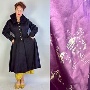 1950s Dovima's Divine "new Look" Coat | Vintage 50s Black Red Highlight Long Nap Wool Princess ...