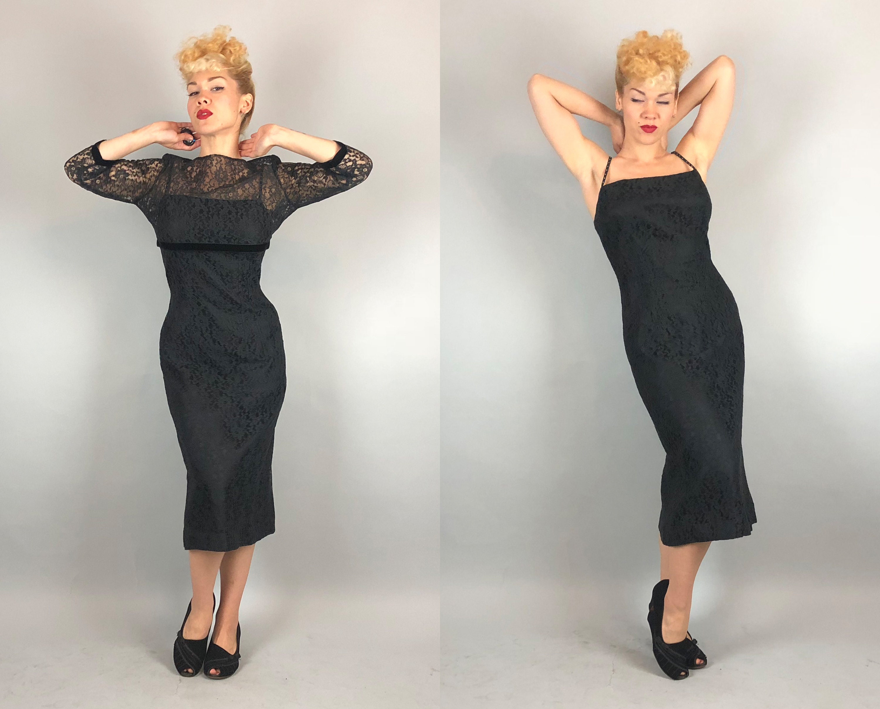 1950s Black Lace Dress Set | Vintage 50s Bombshell Rhinestone Spaghetti ...