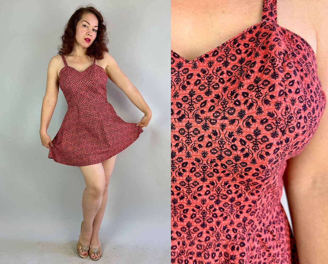 1940s Rompin' Rhonda Romper | Vintage 40s Coral Pink and Black Floral ...