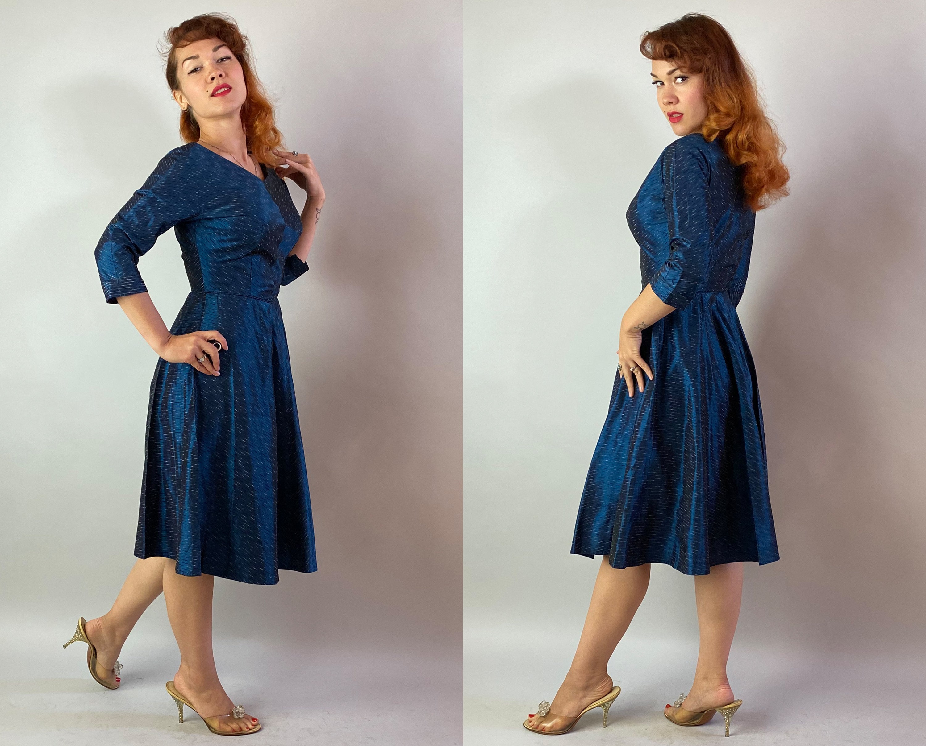 1950s Sharp Sharkskin Soirée Dress | Vintage 50s Cobalt Blue Rayon ...