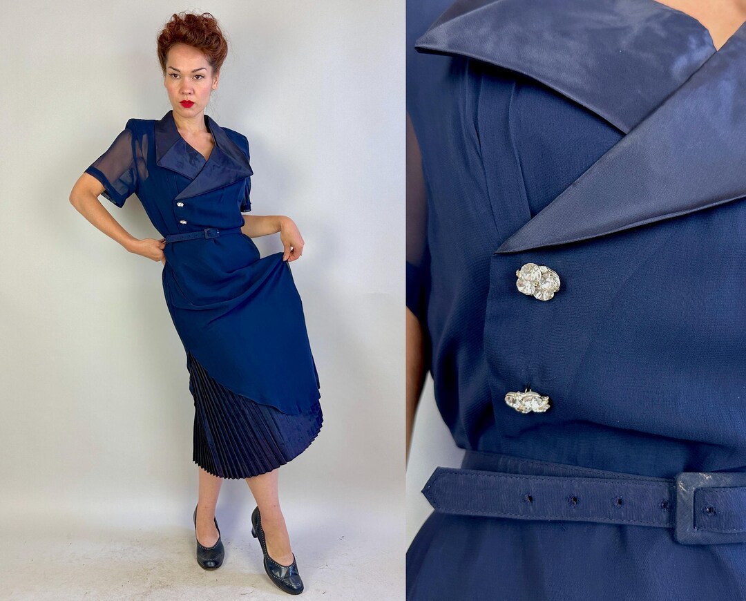 1940s Betty Sings the Blues Dress | Vintage 40s Navy Blue Rayon Chiffon ...