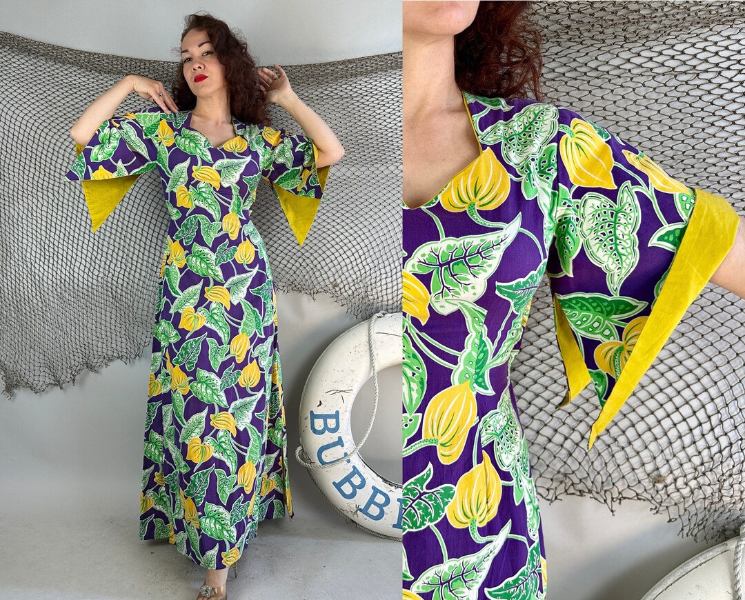 1950s Queen of the Luau Pake Muu | Vintage 50s Purple Yellow and Green ...
