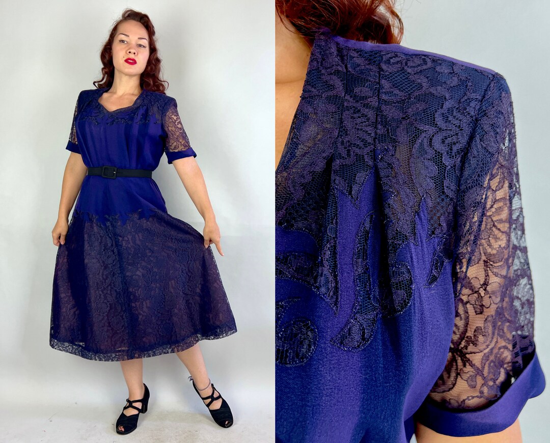 1940s Misty Midnight Dress | Vintage 40s Dark Blue Lace and Rayon Crepe ...