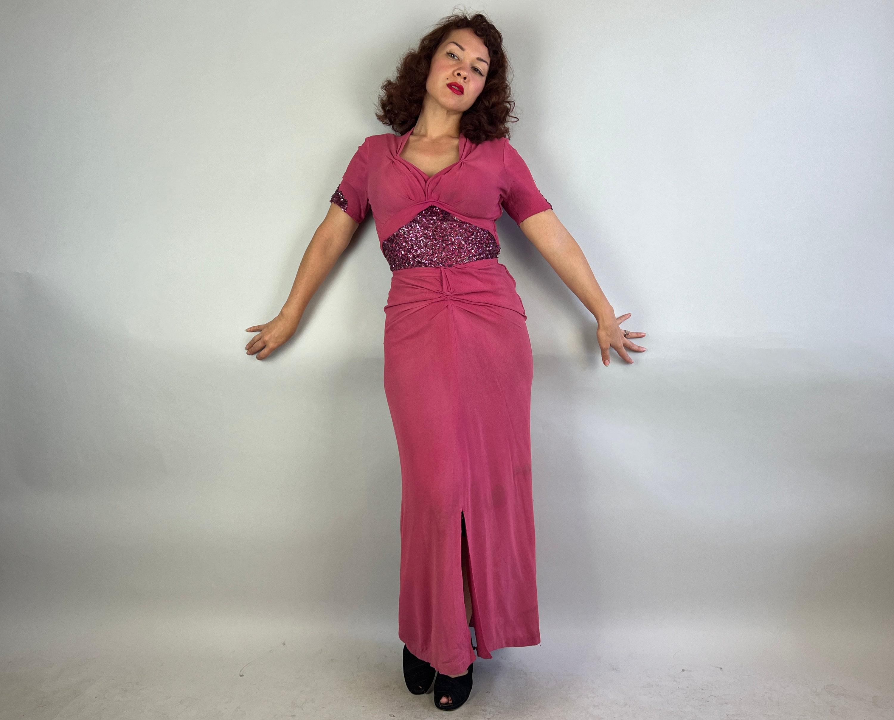 1940s Sparkling Starlet Gown | Vintage 40s Orchid Pink Rayon Crepe ...