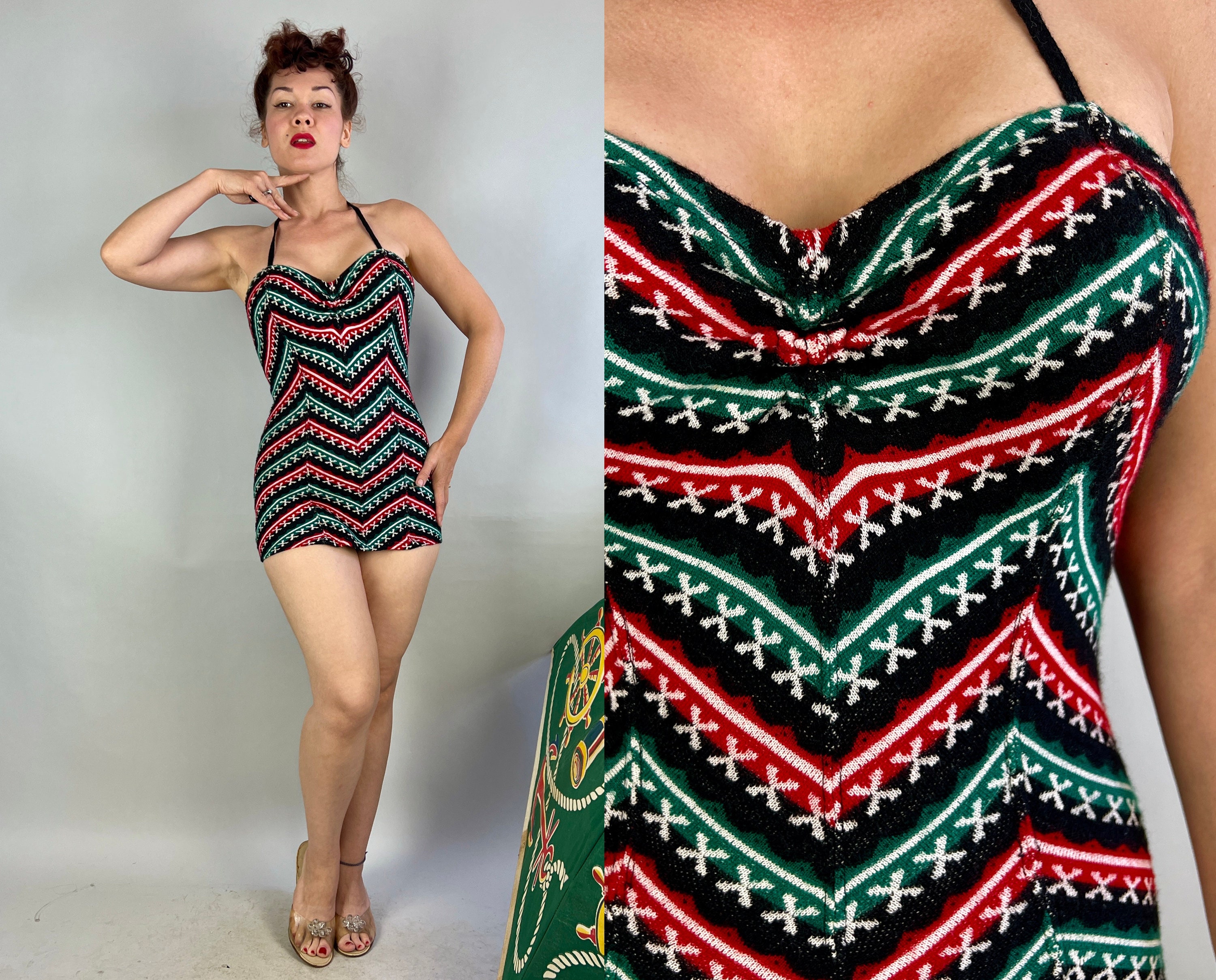 1940s X Marks the Spot Swimsuit | Vintage 40s Black Green Red and White ...
