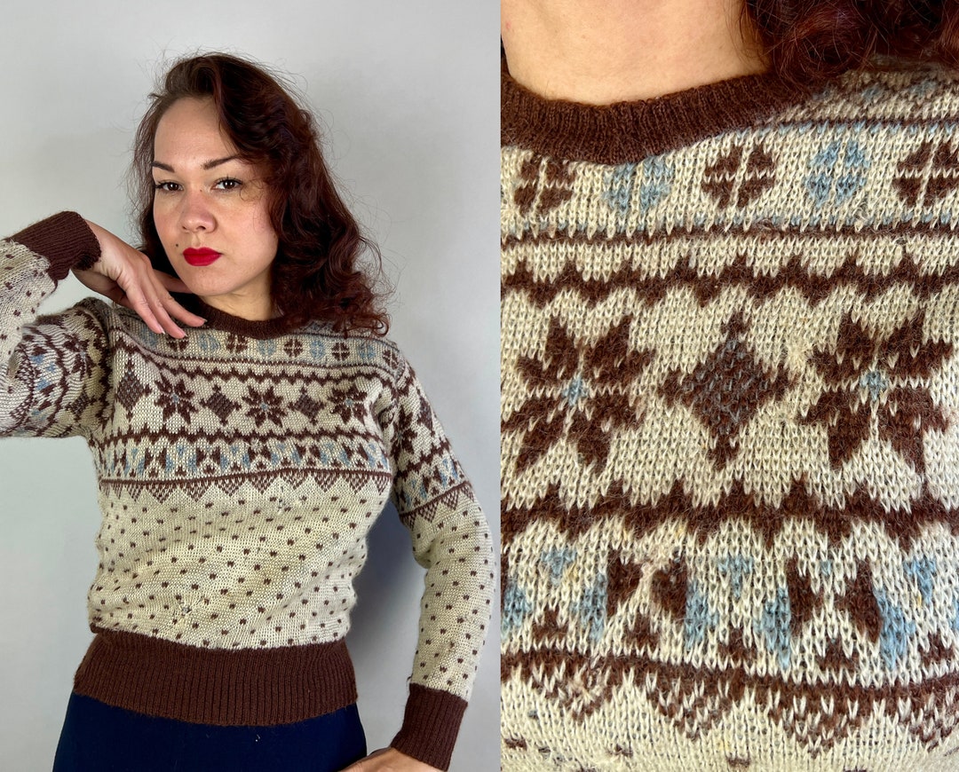 1940s Snow Bunny Sweater Vintage 40s Brown Blue & White Wool Winter ...