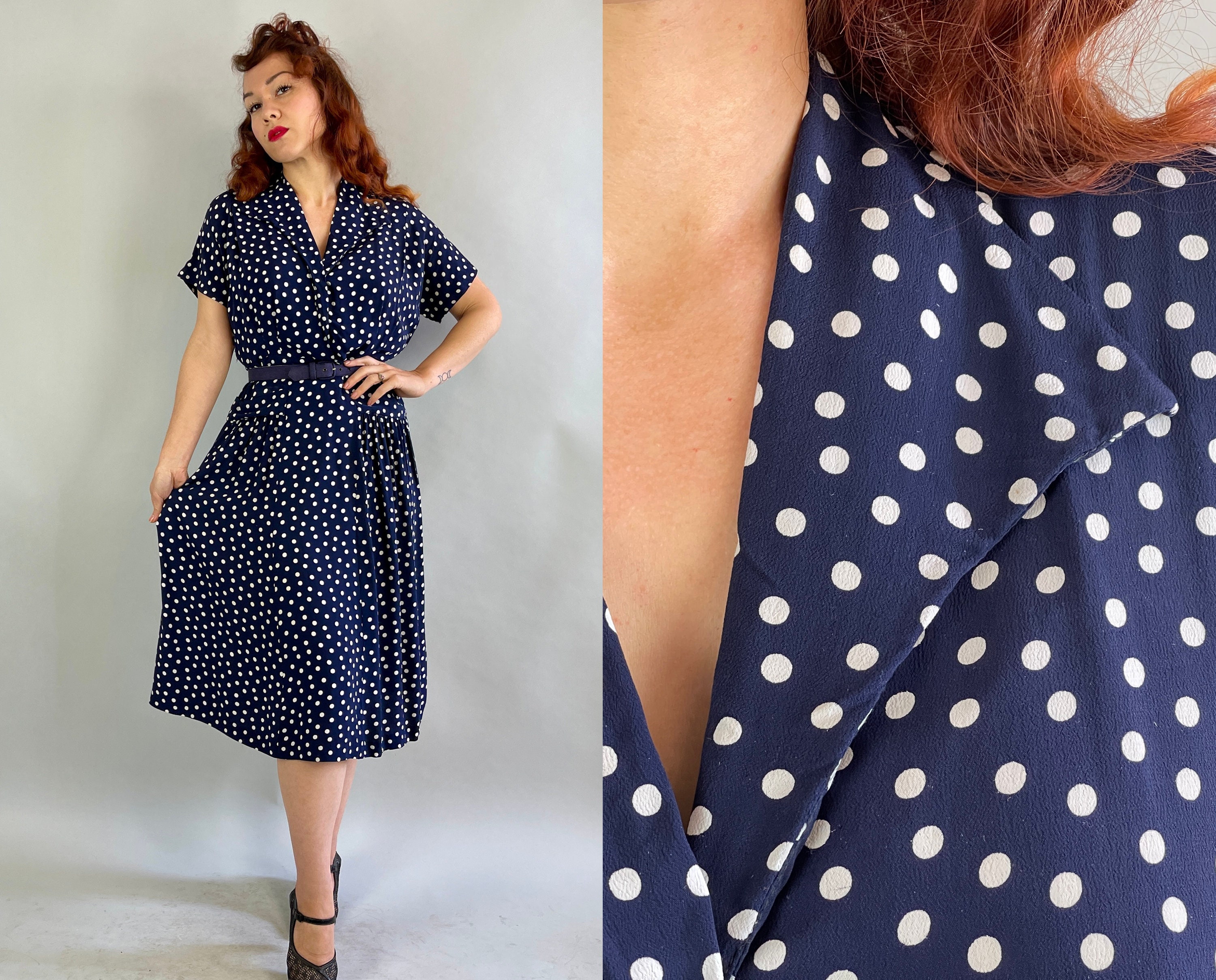 1940s Patty Polka Dots Dress Vintage 40s Navy Blue And White Rayon