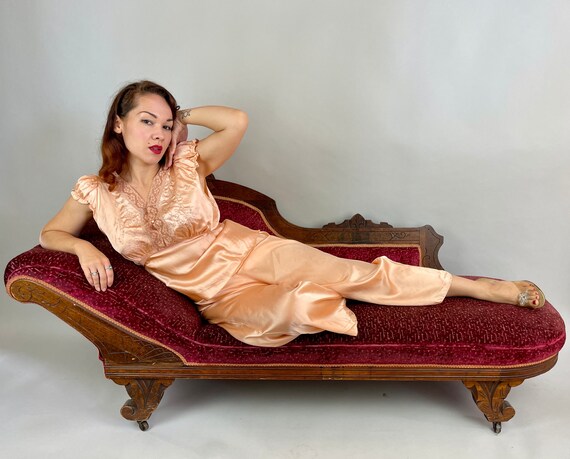 1940s Lounging Lady Pajama Set | Vintage 40s Peach Pi… - Gem