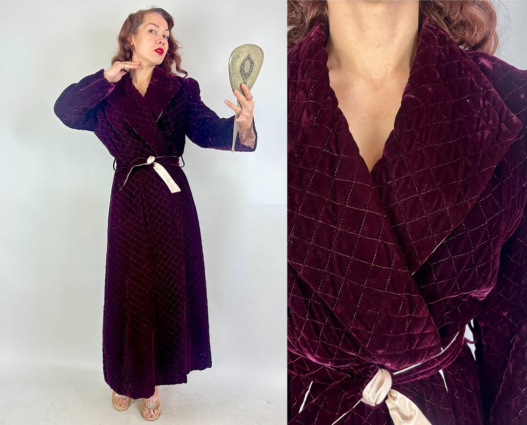 1940s Quilted Queen Dressing Gown | Vintage 40s Bordeaux Purple Rayon ...