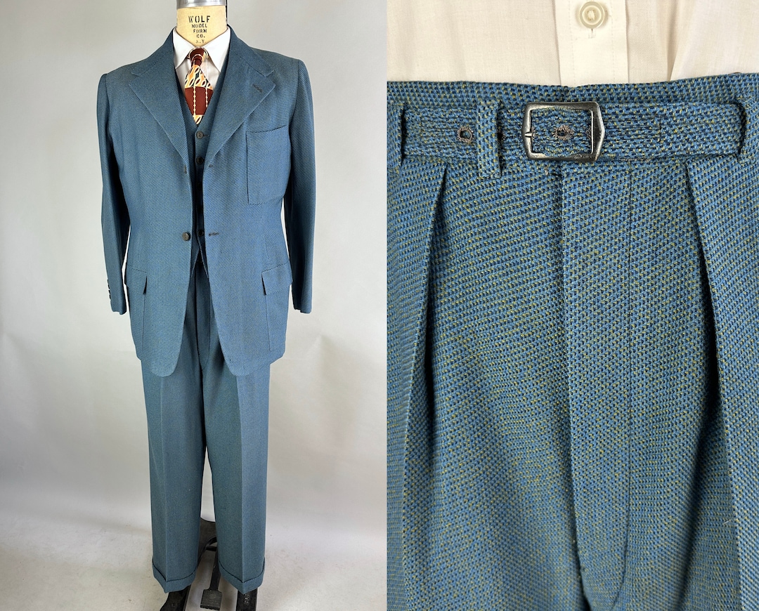 1930s Dashing Dated Suit | Vintage 30s Mottled Blue & Green Wool 3 ...