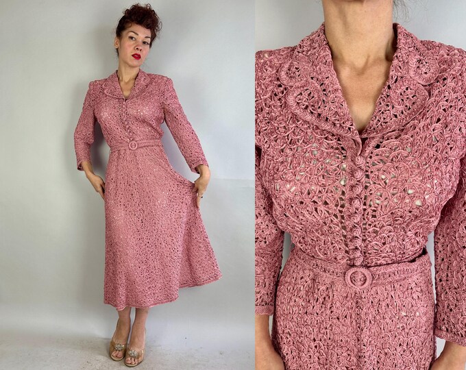 1940s Loopy in Love Dress | Vintage 40s Ballerina Pink Ribbon Knit Open ...