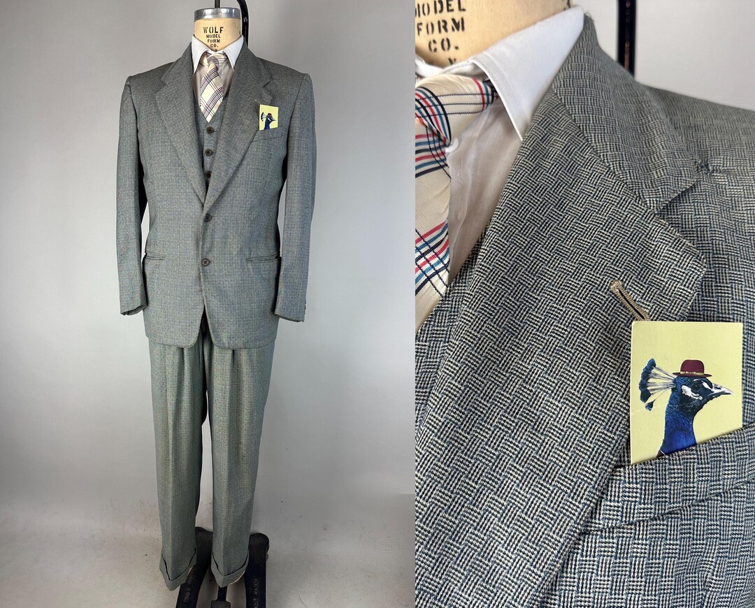 1940s Dynamic Don Suit | Vintage 40s Gray With Weave Pattern Wool 3 ...