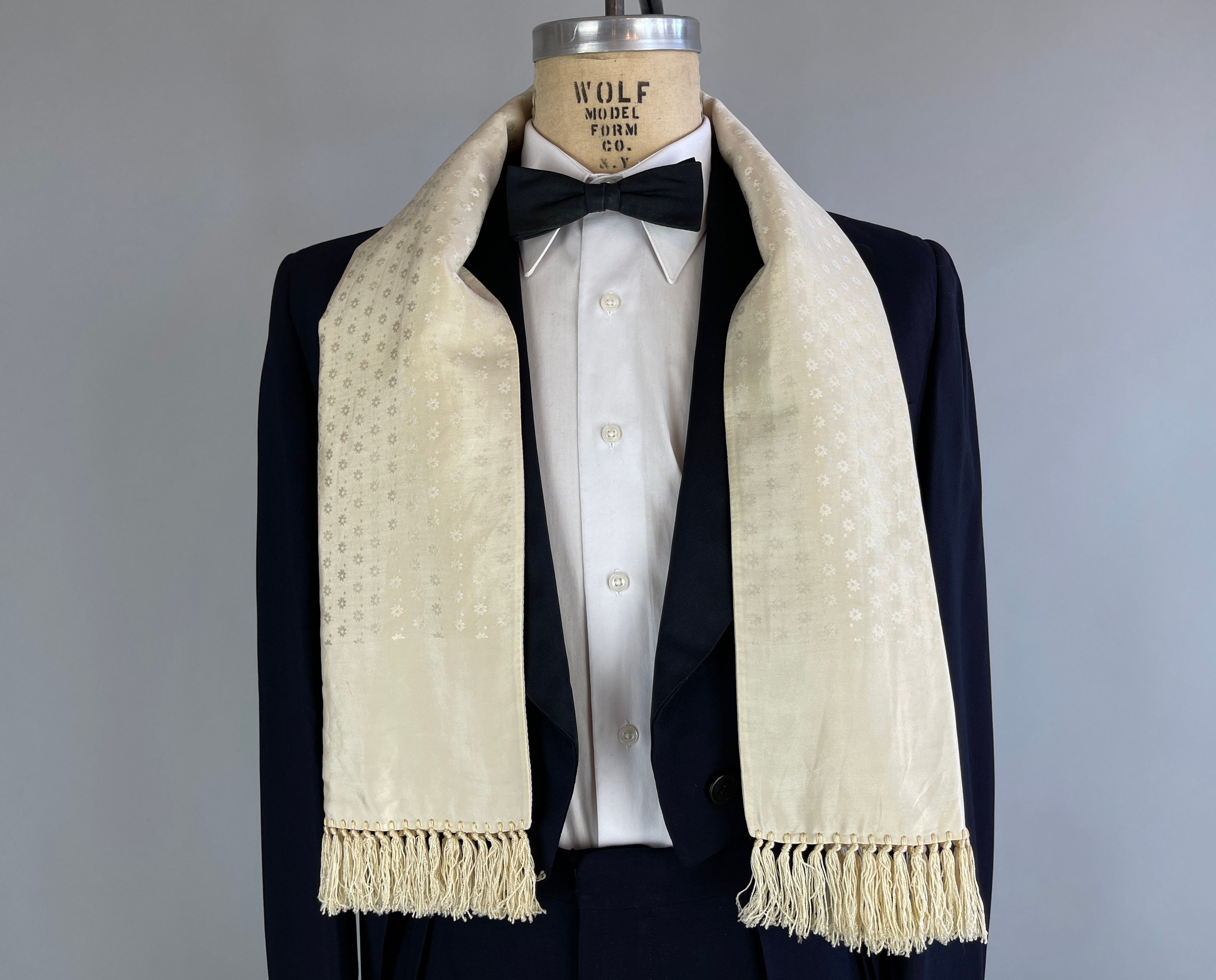 1930s Floral Fireworks Scarf | Vintage 30s Cream White Silk Brocade ...