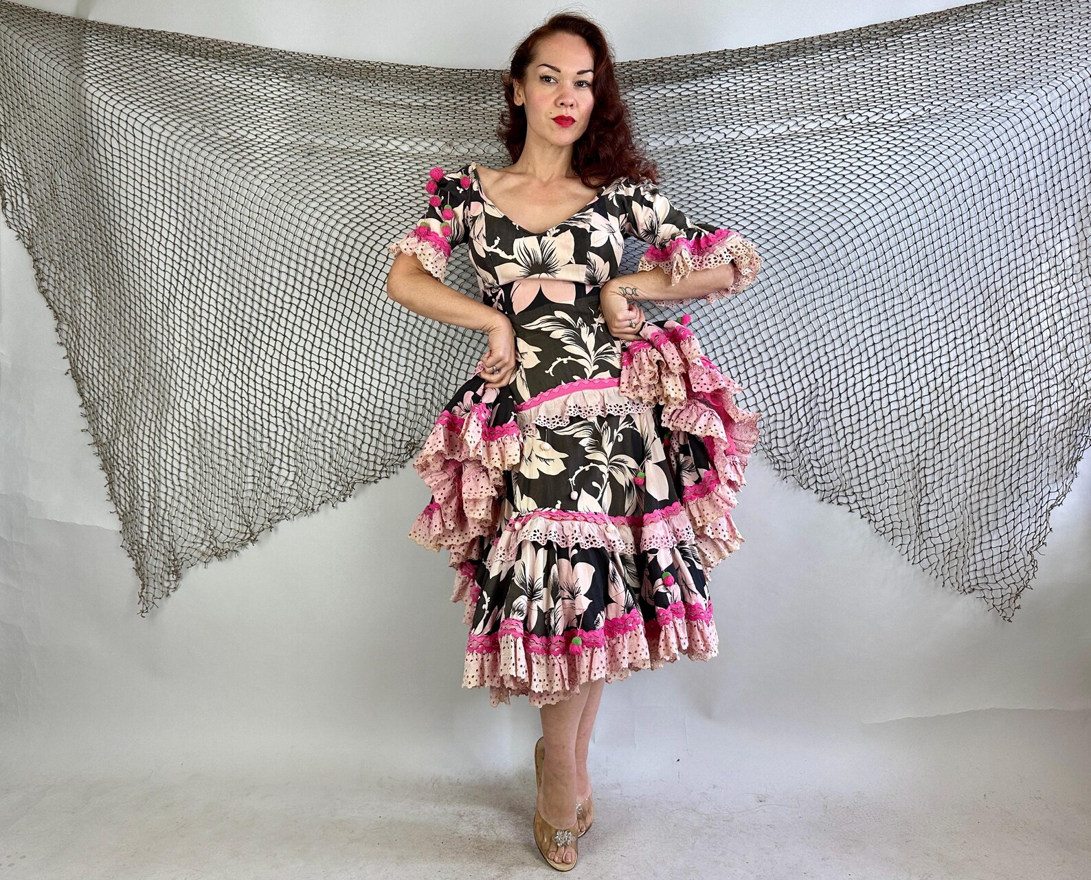 1940s Carmen's Chacha Costume | Vintage 40s Black & Pink Tropical ...