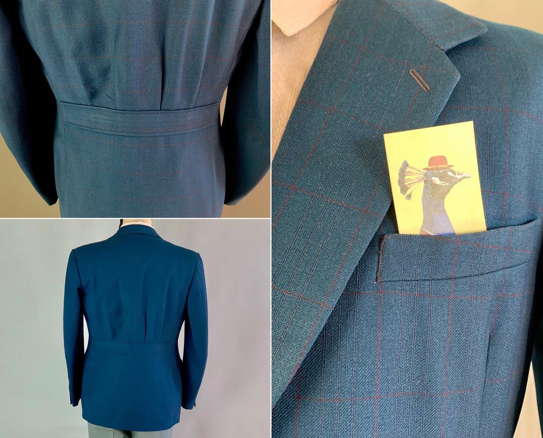 1930s Belted Back Jacket | Vintage 30s Deep Teal & Maroon Windowpane ...