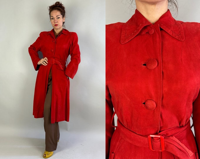 1940s Casablanca Crimson Coat | Vintage 40s Red Suede Long Trench ...