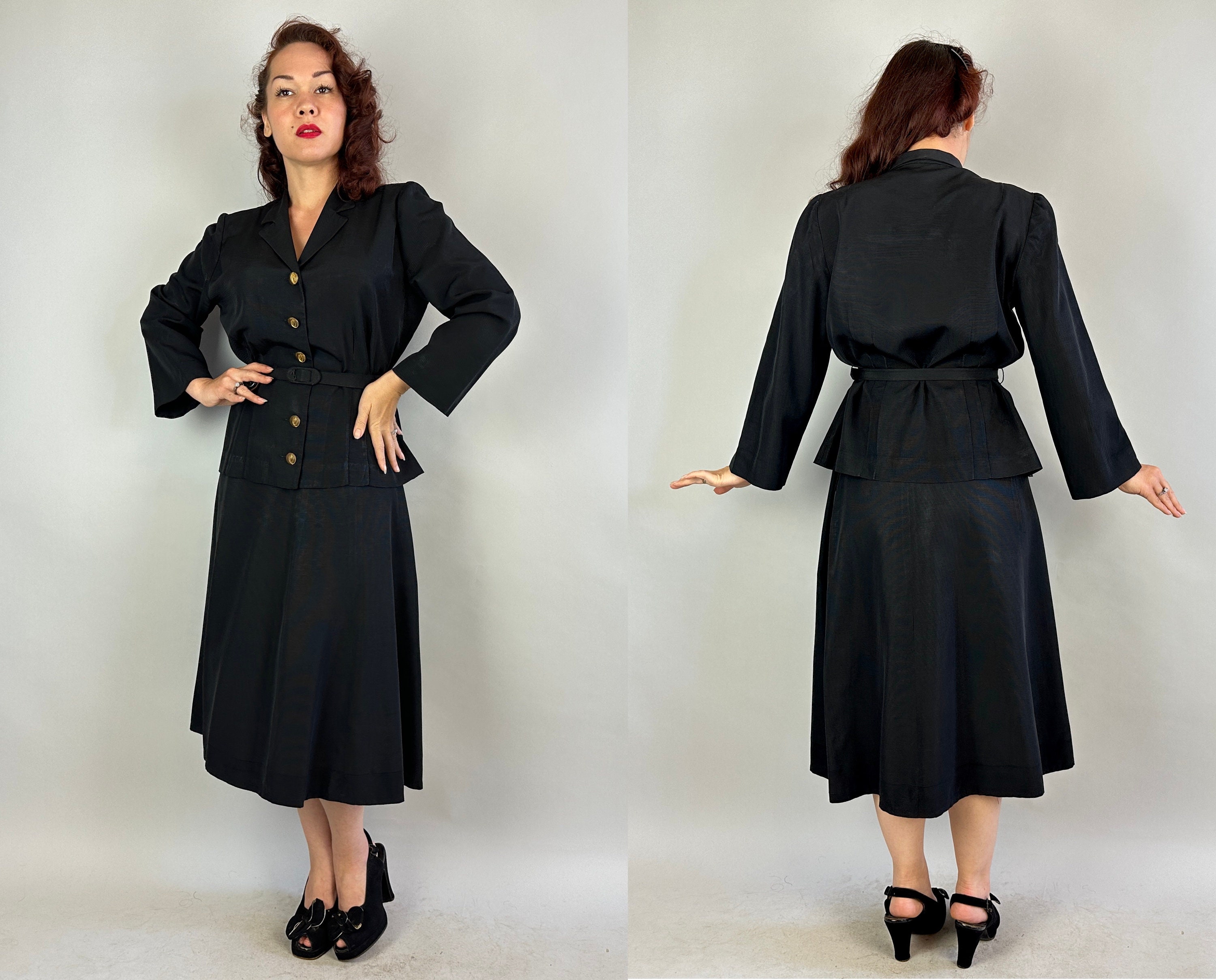 1940s Noir Dame Suit | Vintage 40s Black Silk Faille Three Piece Jacket ...