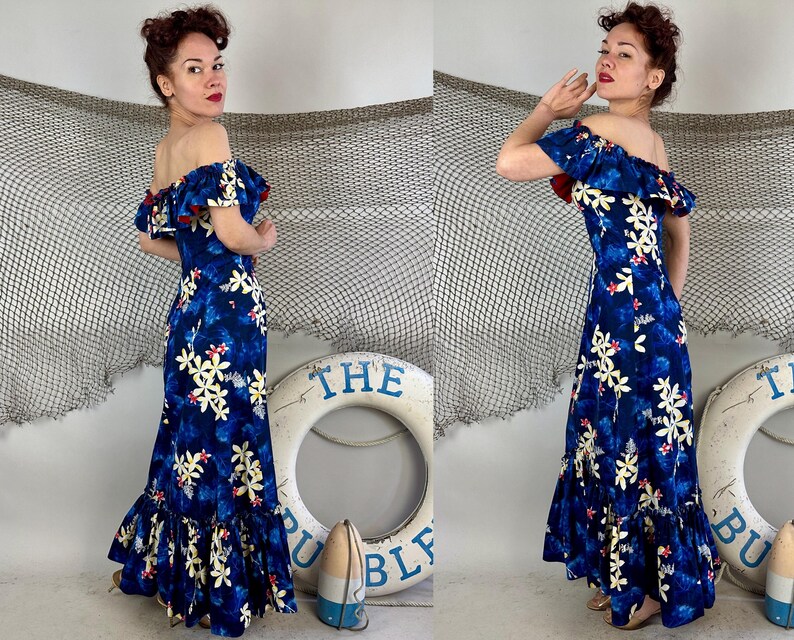 1950s Plumeria Princess Holoku Gown | Vintage 50s Blue Red White and ...