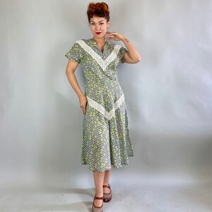1940s Polly's Postage Stamp Dress | Vintage 40s Semi Sheer Grey White ...