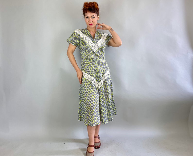 1940s Polly's Postage Stamp Dress | Vintage 40s Semi Sheer Grey White ...
