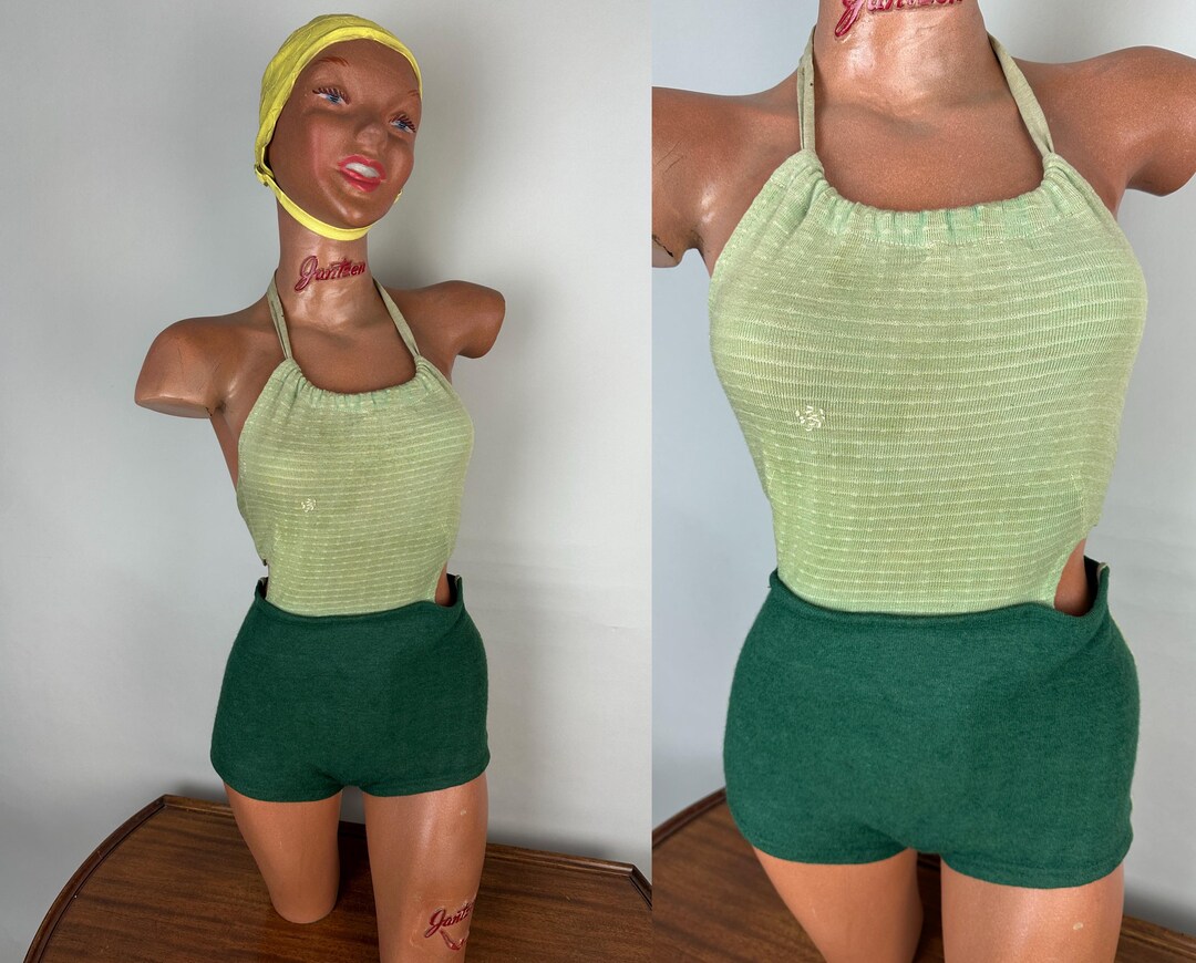 1930s Daring Darla Swimsuit | Vintage 30s Mint and Forest Green Wool ...