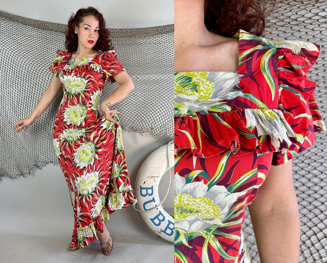1950s Hawaiian Honey Holoku Gown | Vintage 50s Red Chartreuse Green ...