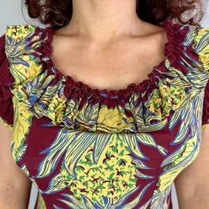 1940s Pineapple Passion Holoku Gown | Vintage 40s Maroon Yellow Blue ...