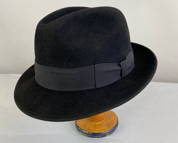 1940s Gumshoe Fedora | Vintage 40s Jet Black Fur Felt… - Gem