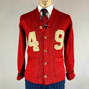 1940s Lucky Game Day Cardigan | Vintage 40s Red Wool Knit With White ...