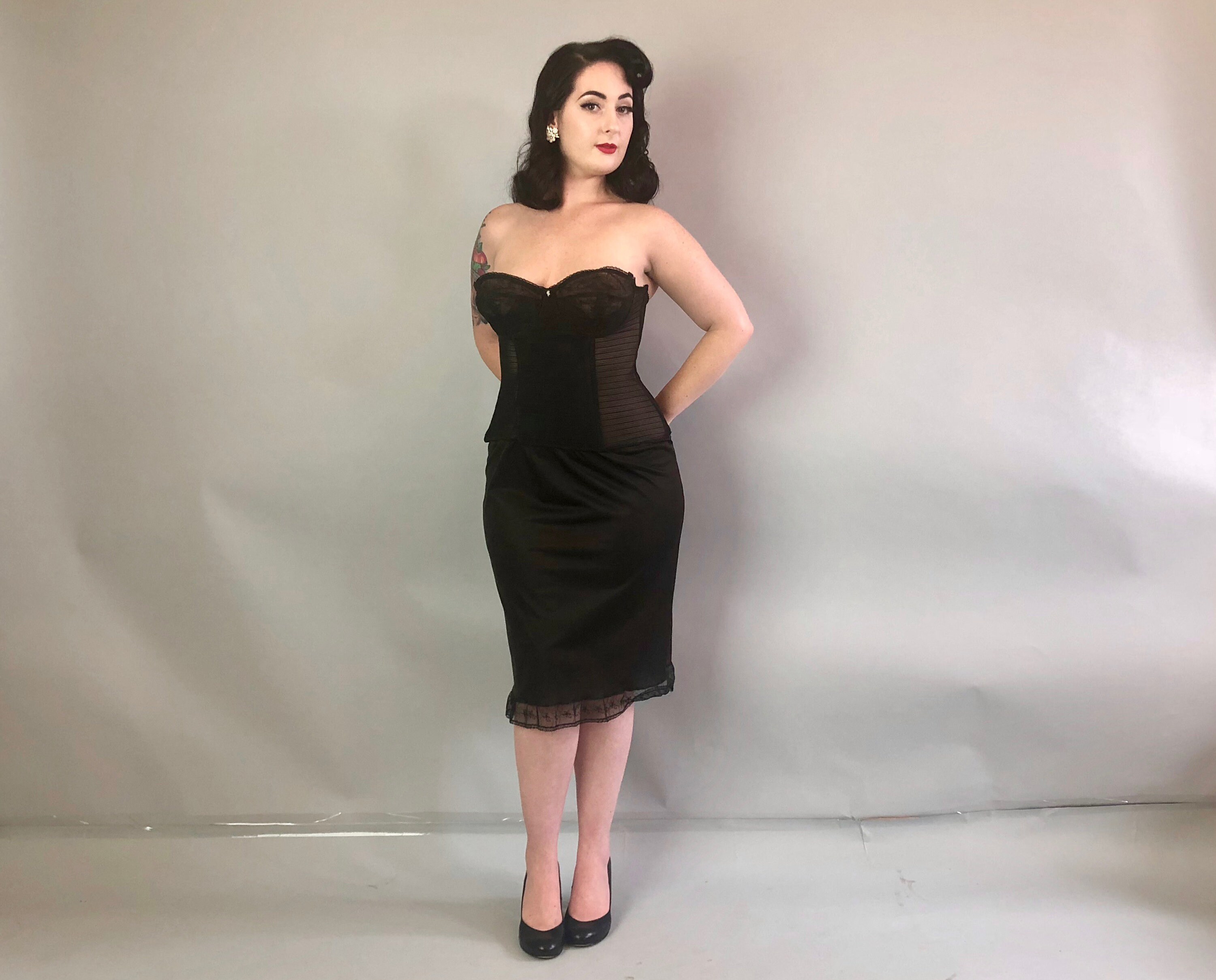 1940s Longline Bullet Bra Slip | Vintage 40s Sheer Black Lace Pettico ...