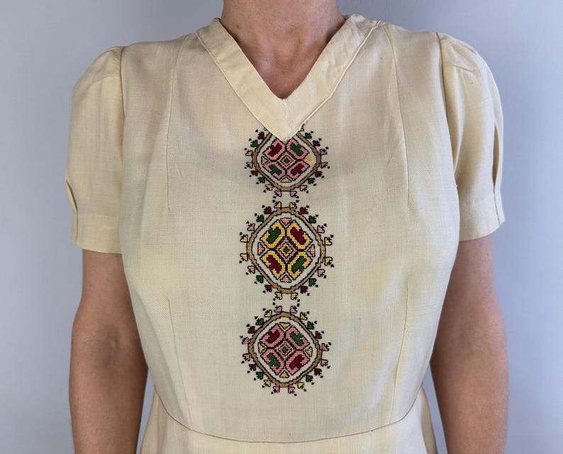 1930s Lawn Party Liaison Set | Vintage 30s Ivory Wool Puff Sleeve Dress ...