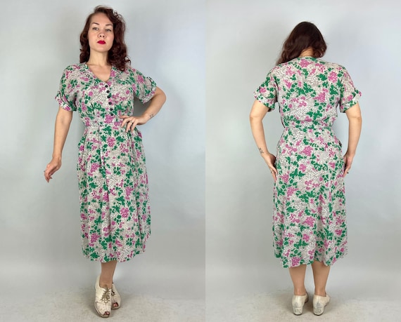 1940s Japanese Garden Frock | Vintage 40s White Pink … - Gem