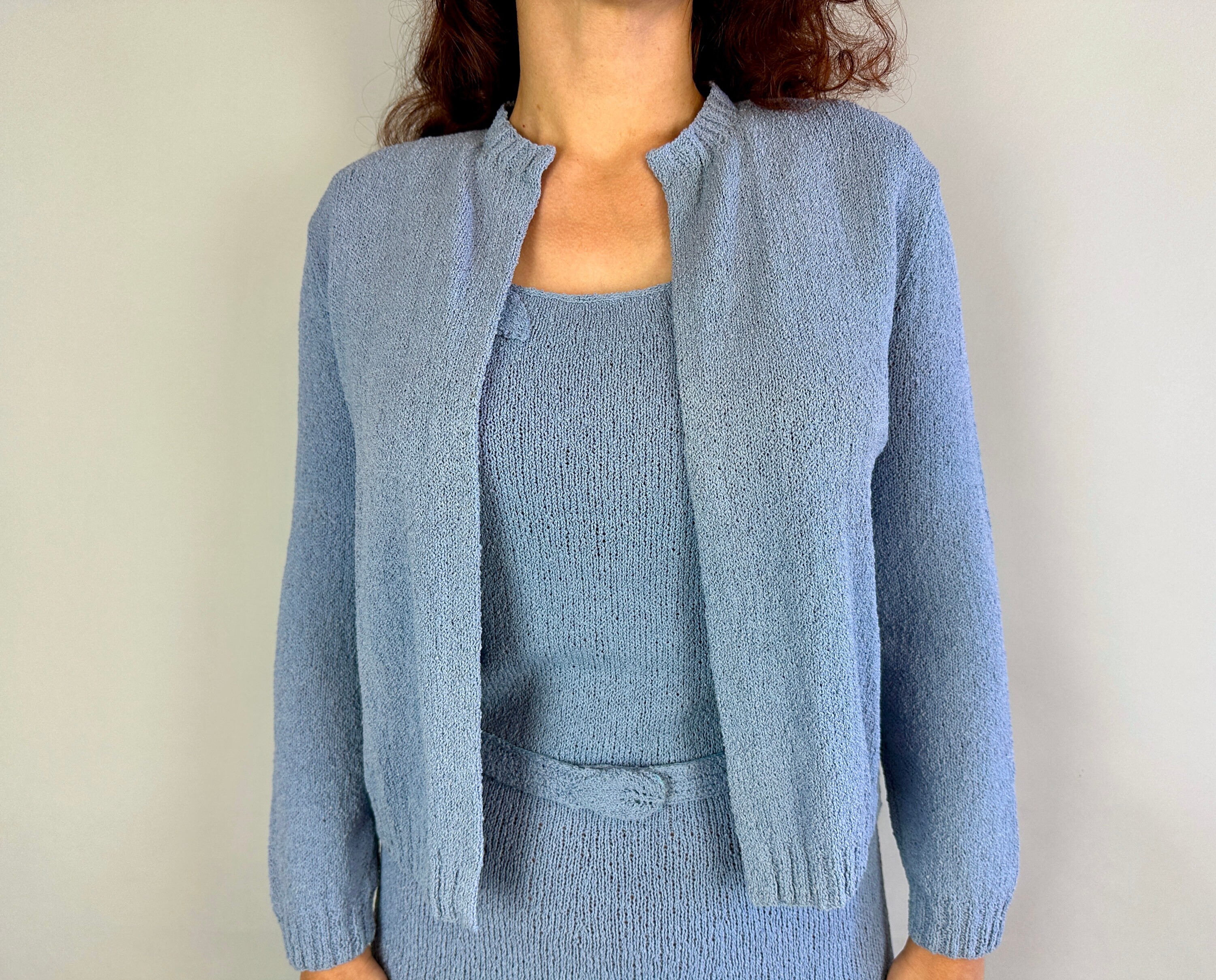 1940s Sassy Sashay Dress Set | Vintage 40s Powder Blue Wool Boucle Knit ...