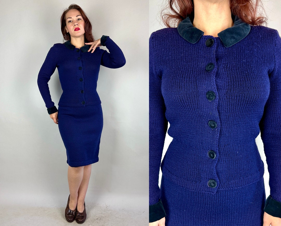 1950s Moonlit Midnight Knit Dress Set | Vintage 50s Dark Purple Wool ...