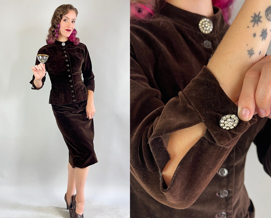 1940s Holiday Espresso Suit | Vintage Dark Brown Velveteen Ensemble ...