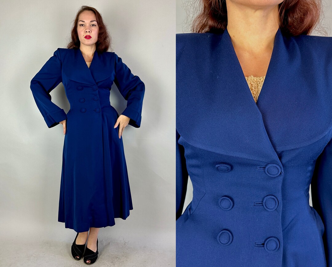 1940s Midnight Caress Princess Coat Vintage 40s Cobalt Blue Wool Gabardine Double Breasted Shawl ...