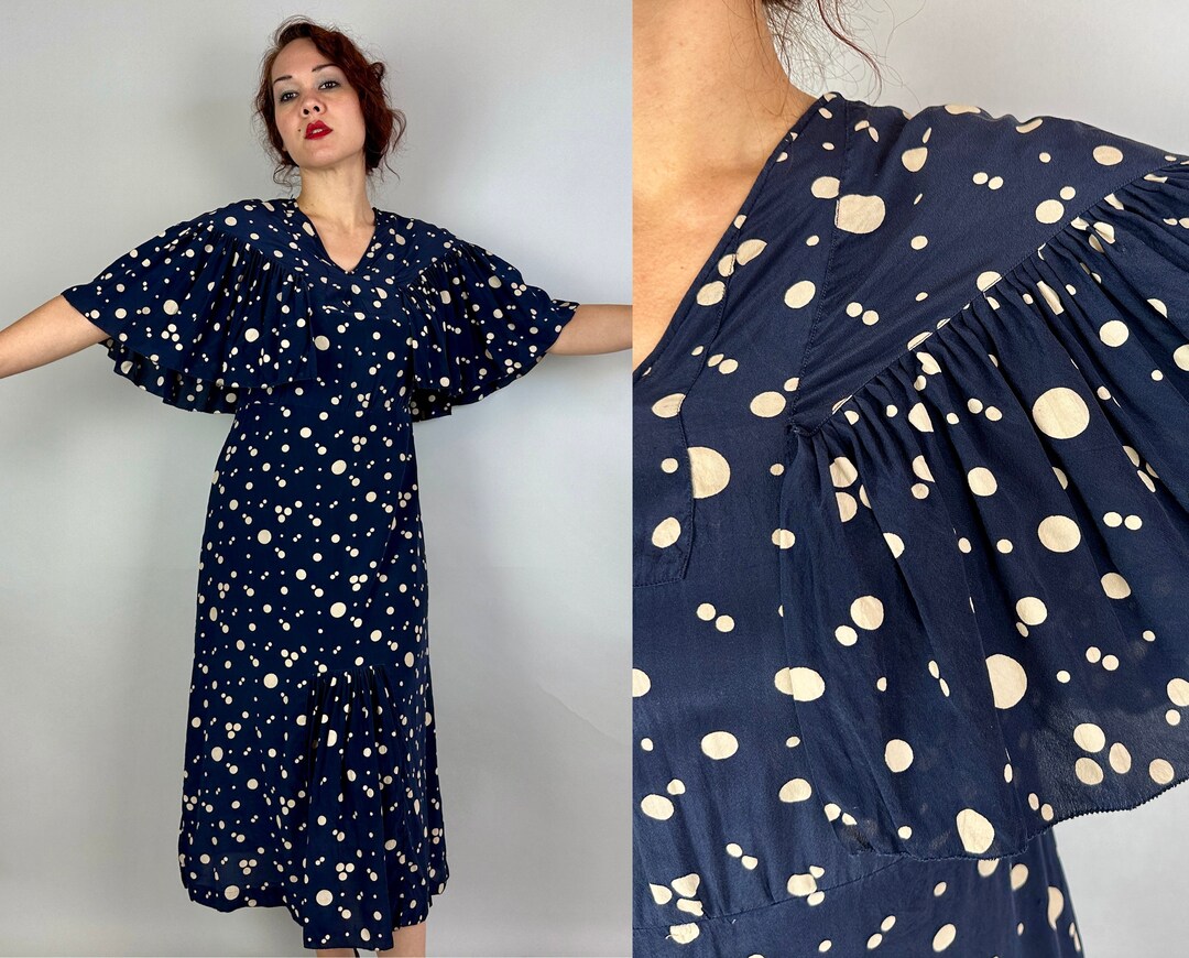 1930s Caplet Cutie Frock | Vintage 30s Navy Blue and White Polkadot ...