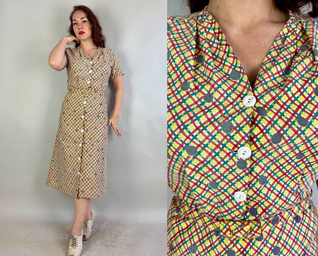 1930s Farmhouse Frolic Frock | Vintage 30s Yellow Red Green and White ...