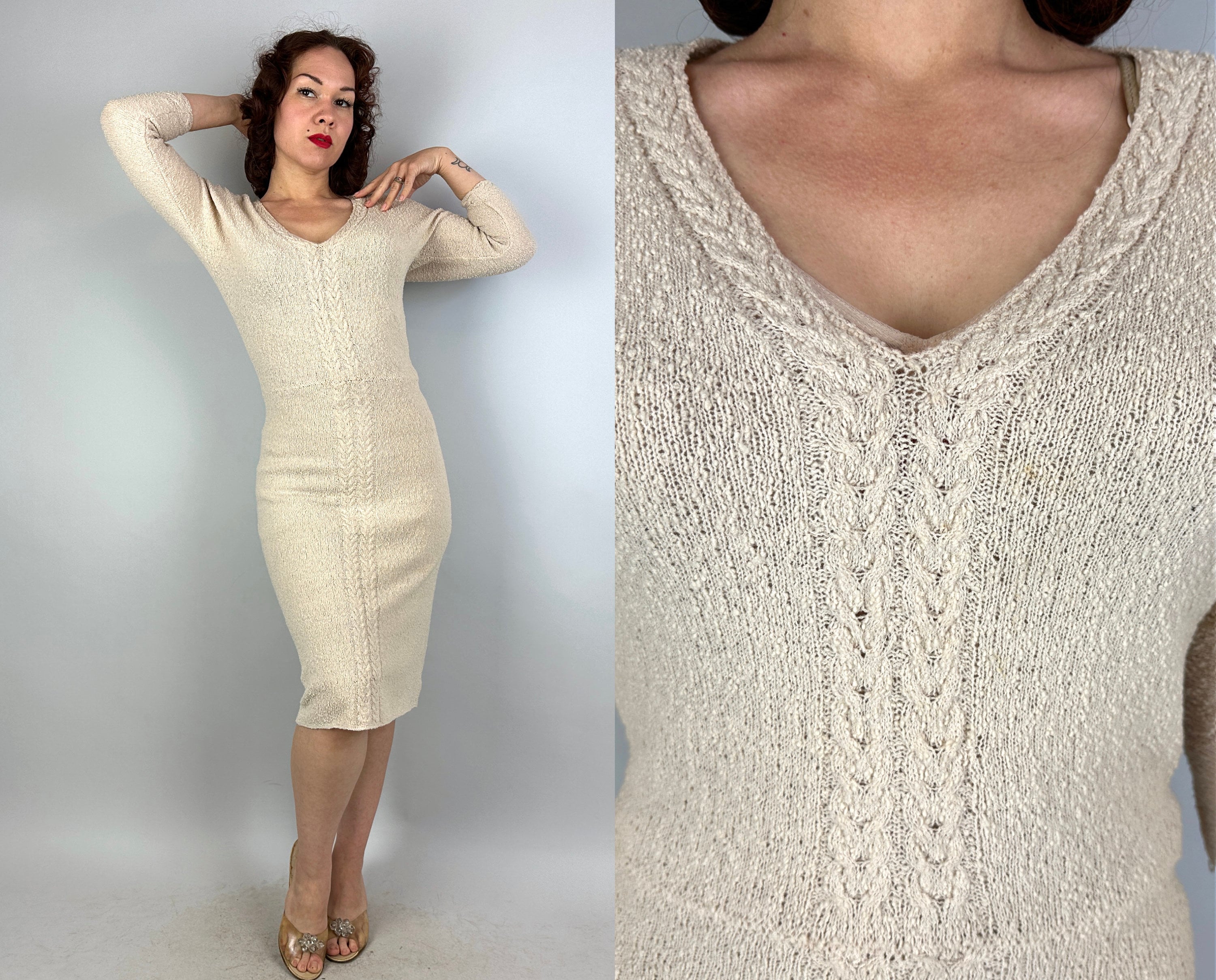 1940s Form Fit Frannie Frock | Vintage 40s Cream White Boucle Wool Knit ...