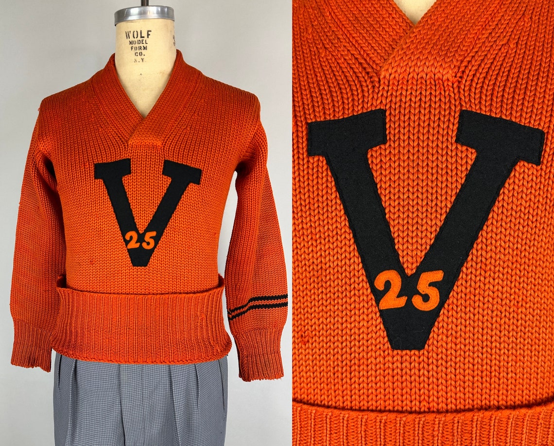 1920s Vic's Victorious Varsity Sweater | Vintage 20s Orange Wool Knit ...