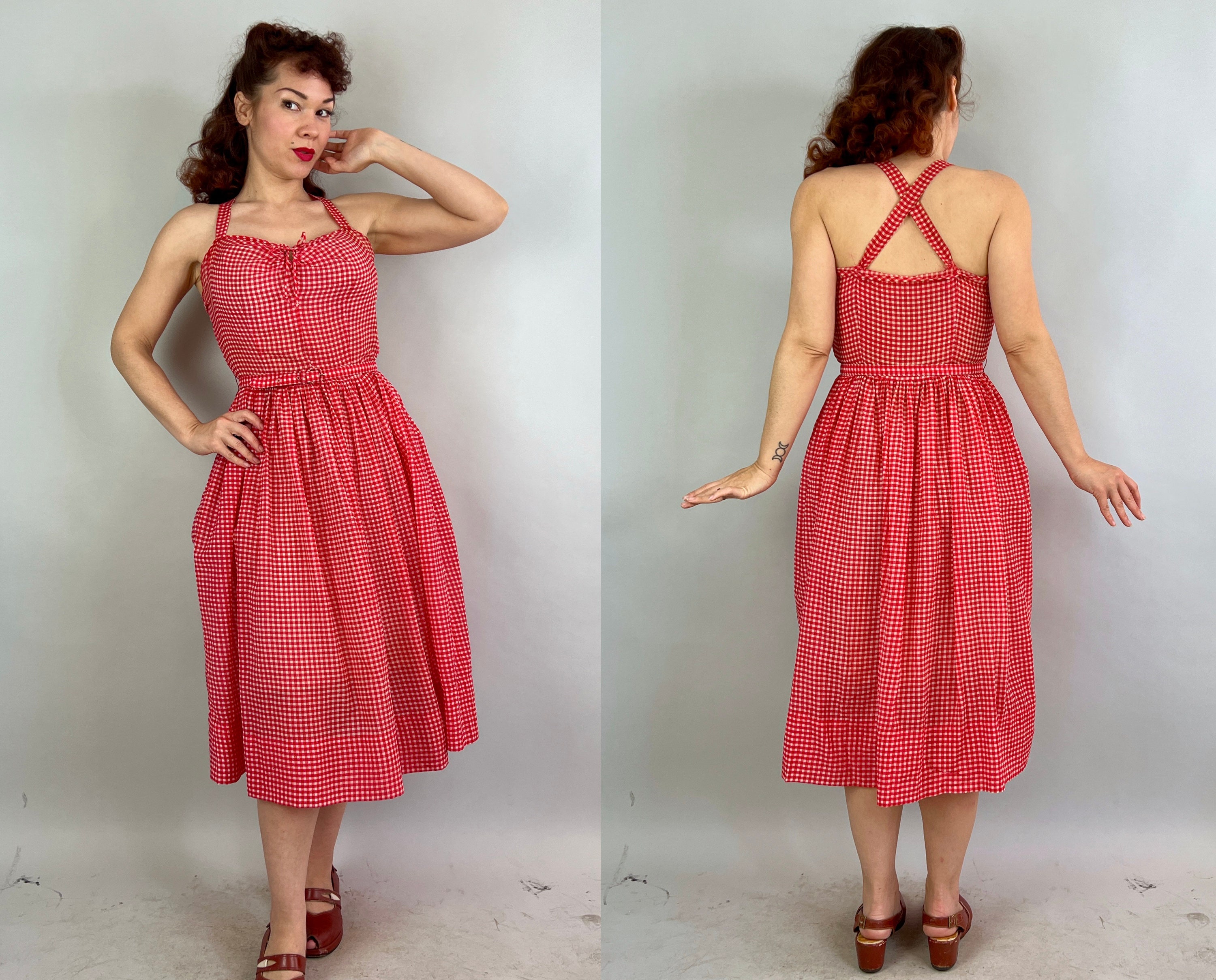 1940s Summer Saunter Dress Set | Vintage 40s Red and White Gingham Semi ...