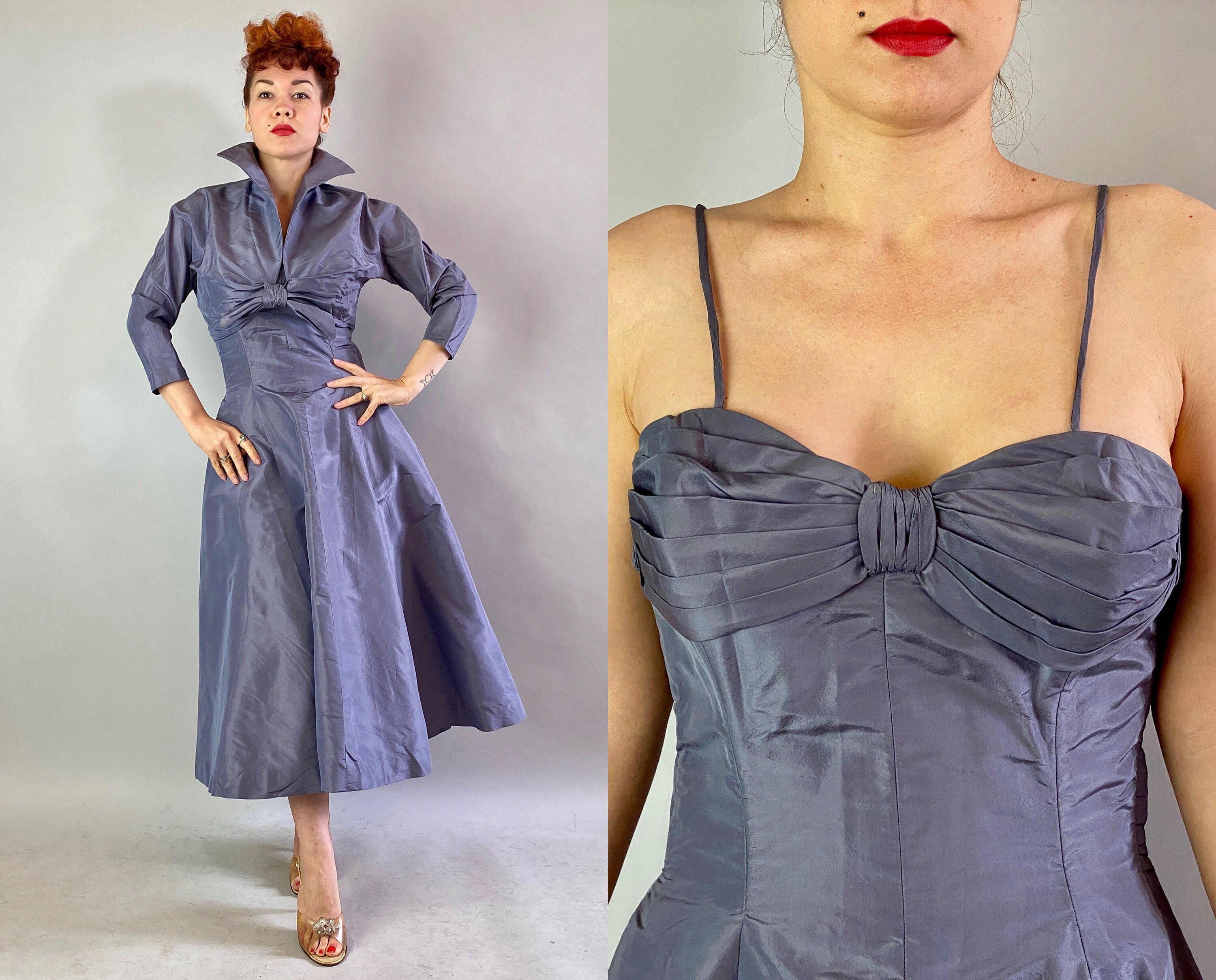 1950s Sassy Sashay Dress Set | Vintage 50s Pewter Grey Taffeta Two ...
